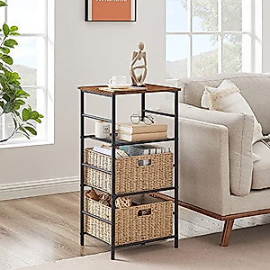 VECELO Tall End/Side Table with 2 Wicker Basket Storage Shelf Telephone Stand for Living Room, Bathroom, Bedroom, Office, Entryway, Easy Assembly, 3-Tier, Brown