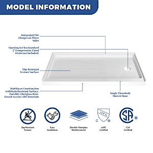 CKB 60 in. L x 30 in. W Right Drain Shower Base, Single Threshold Shower Pan with Slip Resistant Textured Surface, White