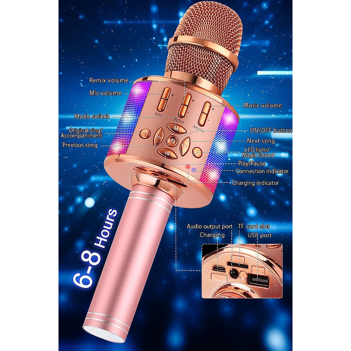 BONAOK Microphone for Kids Wireless, Magic Sound Karaoke Wireless Microphone, 4 in 1 Bluetooth Karaoke Machine, Adult Car Karaoke Mic Singing Machine, for Party/Outdoor/Travel 868 (Rose Gold Plus)