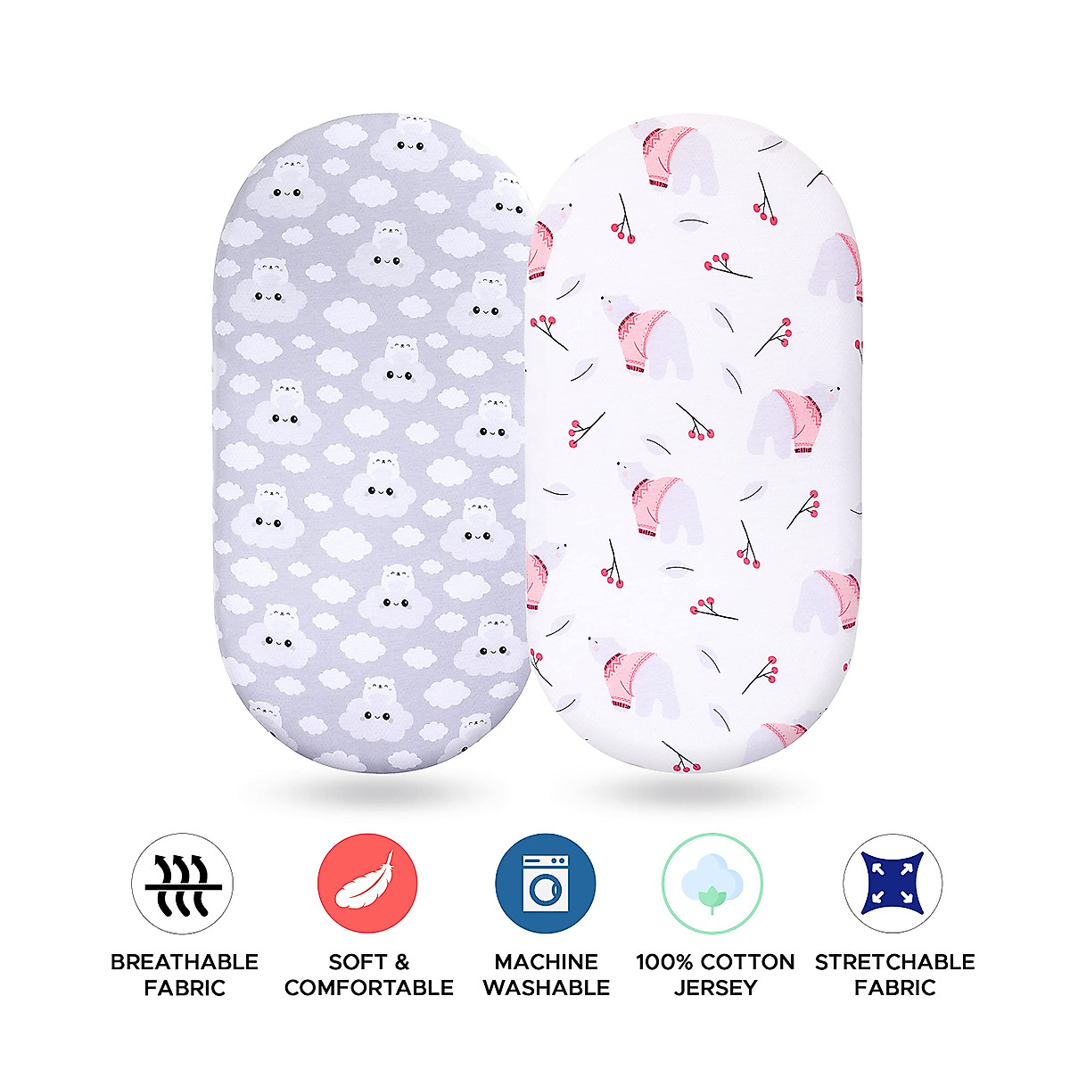 BREALIZE – Baby Bassinet Sheet, 100% Jersey Cotton – 2 Pack – 32 x 16 x 4 inches, Universal Fitted Bassinet Sheets for Baby Girls and Boys with Cloud and Bear Pattern – Color Grey and White