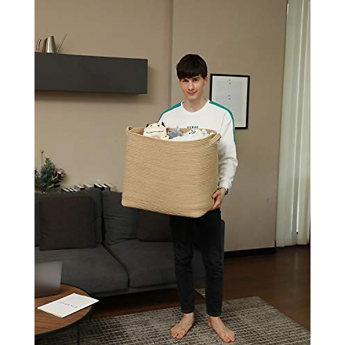 22"x14"x18" Mega Size Rectangular Extra Large Storage Basket, Cotton Rope Storage Baskets, All Beige