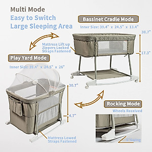 RTUSAS Multi Mode Newborn Baby Bassinet Bedside Sleeper Baby Cradle Portable Bassinet Playpen with Wheels Breathable Mesh Crib Rocking Bassinet(Light Grey)