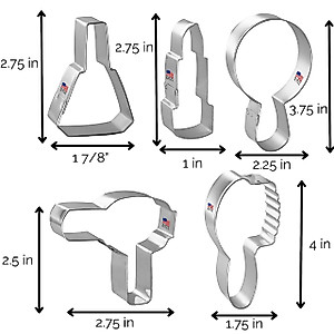 Foose Brand Diva Cookie Cutters 5 Piece Set - 2.75" Nail Polish, 3.75" Mirror, 2.75" Hair Dryer, 2.75" Lipstick, 4" Hair Brush, USA