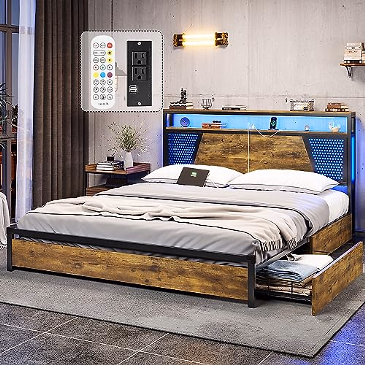 BTHFST Queen Bed Frame with Charging Station & Built-in LED Lights Headboard, Metal Platform Bed Frame with Drawers, No Squeak/No Box Spring Needed/Steel Slat Support, Vintage Brown & Black