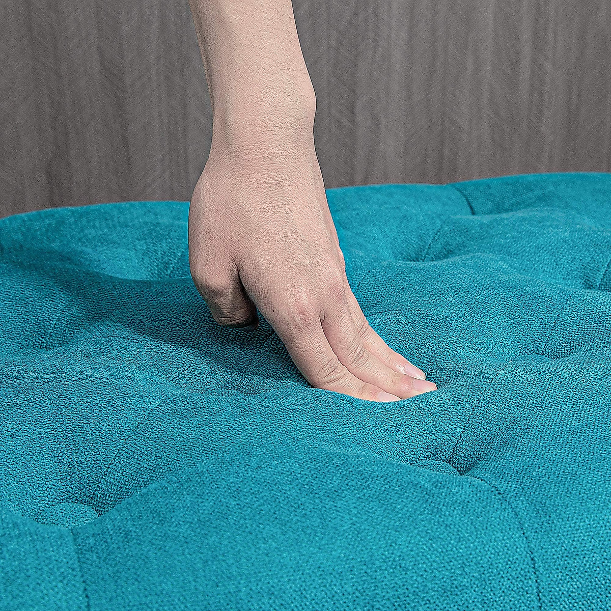 HOMCOM 50" Storage Ottoman Bench, Upholstered End of Bed Bench with Rolled Arms, Wood Legs, Button Tufted Storage Bench with Safety Hinges for Living Room, Entryway, Bedroom, Teal