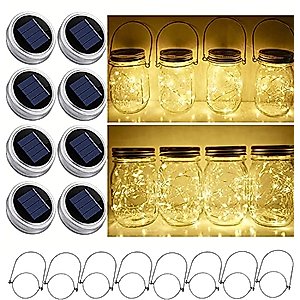 Solar Mason Jar Lid String Lights, 8 Pack 20 Led String Fairy Star Firefly Jar Lids Lights with 8 Hangers Included (Jars Not Included), for Mason Jar Patio Garden Wedding Lantern