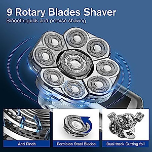 Mr.Wintek 9D Head Shaver - 9 Blades, 90-Minute Battery Life, IPX6 Waterproof, Dry & Wet Dual-Use, LED Display, Multiple Accessories - for Bald Men, Electric Razor for Men (Silver)