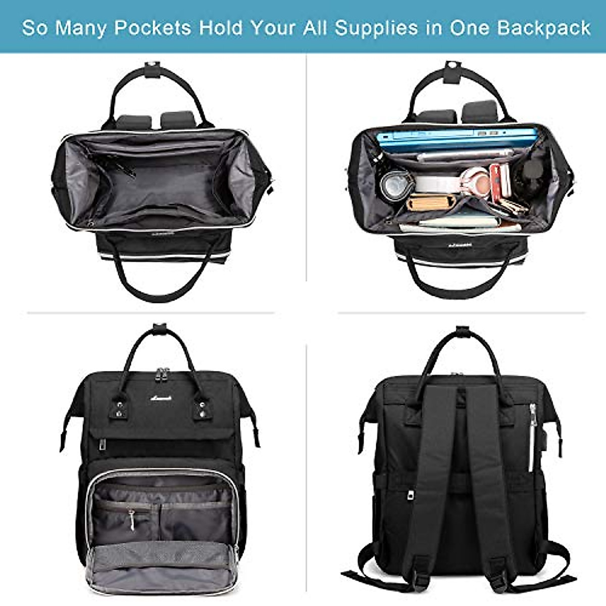 LOVEVOOK Laptop Backpack for Women Travel Backpack College Purse Teacher Back Pack 15.6 Inch Stylish Work Computer Bag with Pen Case, Black