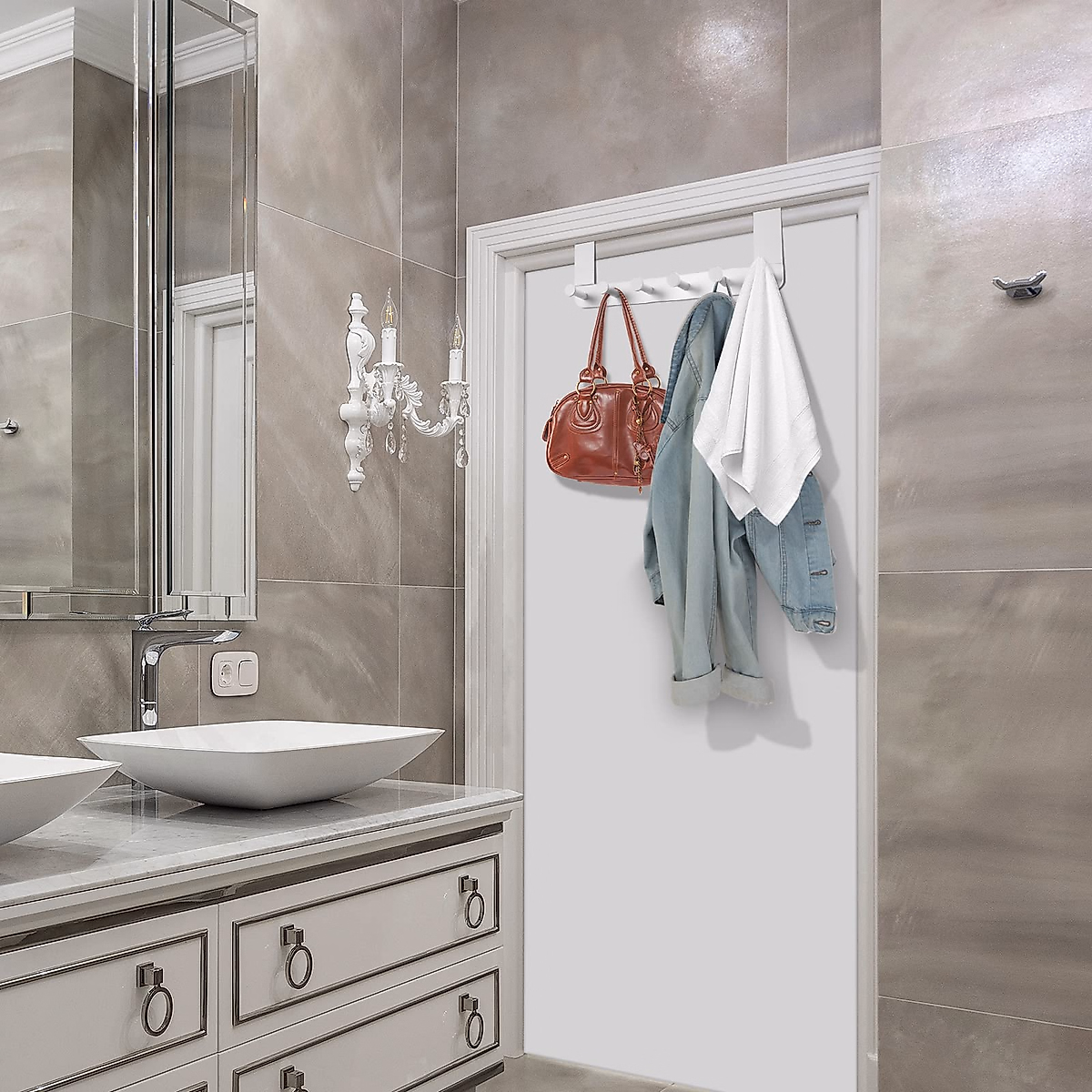 Bedroom Back of Door Hooks for Hanging Clothes Hat Bags Keys Heavy Duty Bathroom Over The Door Bath Robe Hanger Behind Door Towel Holder Low Profile No Drill Sturdy Metal Stylish Matte White