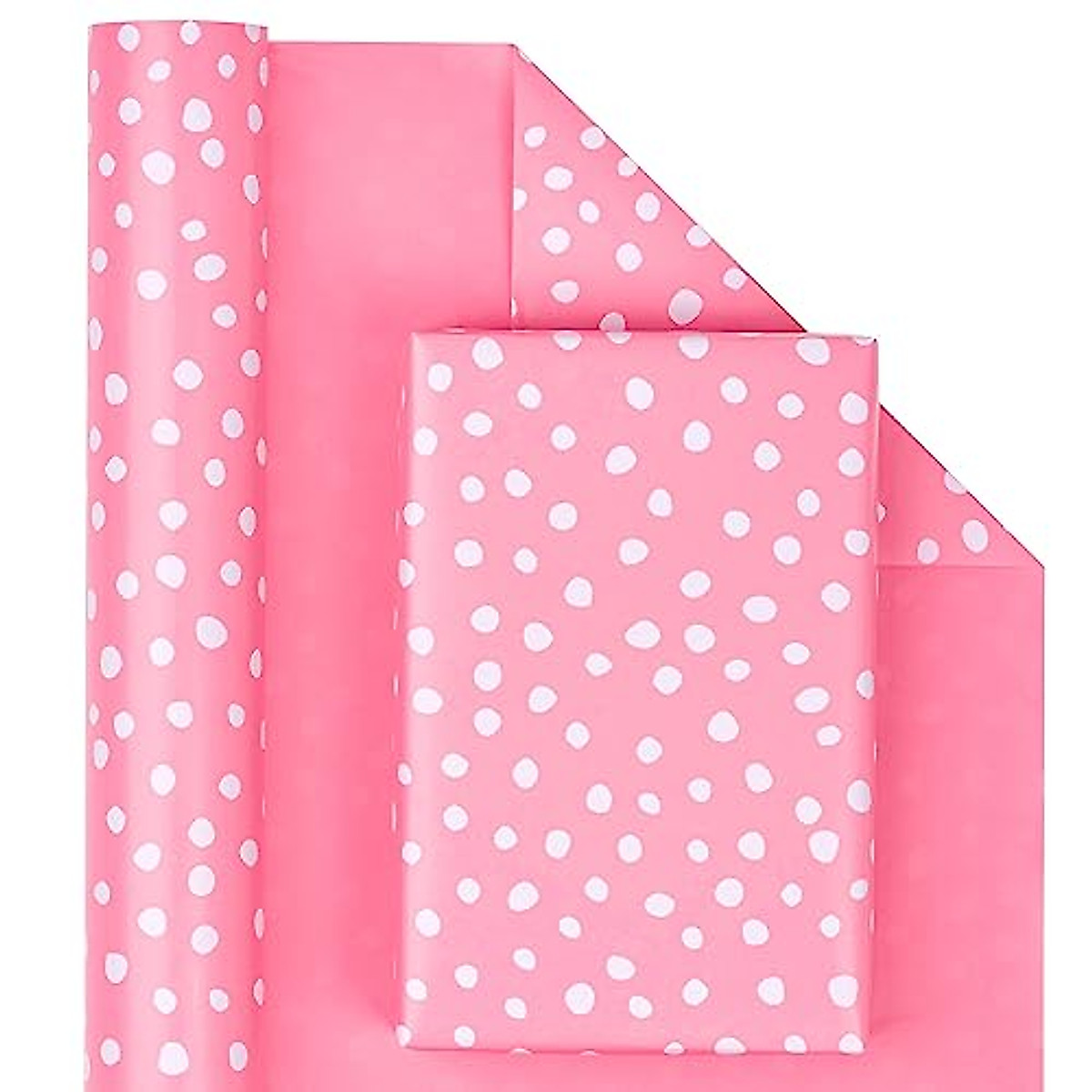 WRAPAHOLIC Reversible Wrapping Paper - Mini Roll - 17 Inch X 33 Feet - Light Pink and Delicate Polka Dots Design for Birthday, Holiday, Wedding, Baby Shower