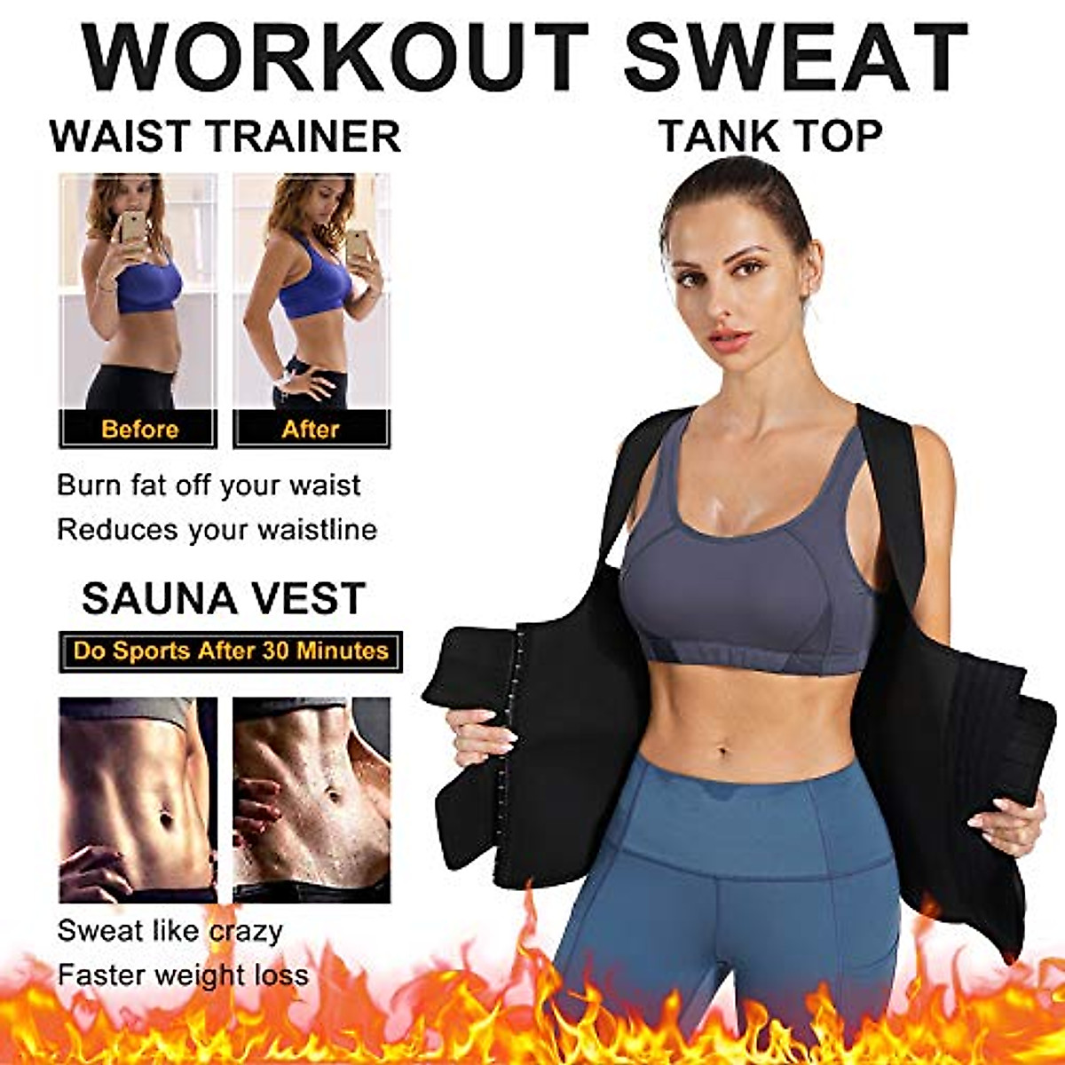 Nebility Women Sauna Sweat Vest Hot Neoprene Sauna Suit Weight Loss Workout Top Waist Trainer Shirt Body Shaper (Large, Black)