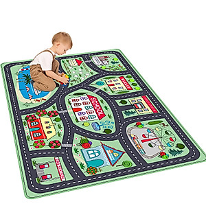 LTKOUGFAM kids Playmat Car Rug, Kids Play Rugs Town City Road Map Rug, Large Educational Kids Car Mat, Boys Kids Car Track Play Rug, Kids Rugs for Playroom Bedroom Living Room (Style 2, 78.7X 59 INCH)