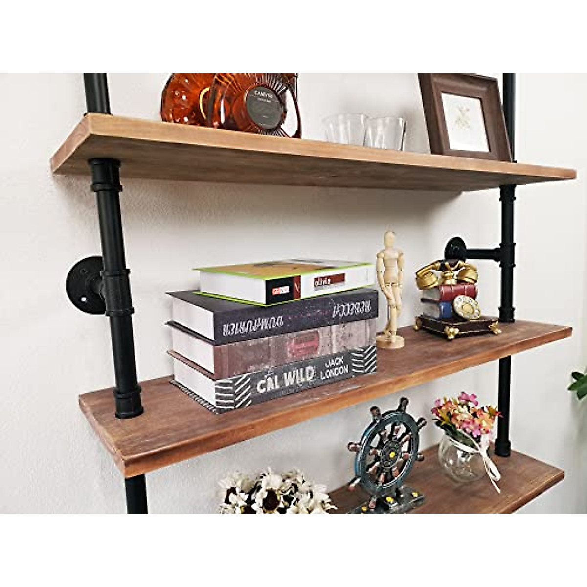 Anynice 5 Tier Industrial Ladder Shelf Bookcase, Wall Mounted Wood Metal Pipe Rustic Bookshelf for Living Room (Weathered Brown, 10" D x 36" W x 70" H)