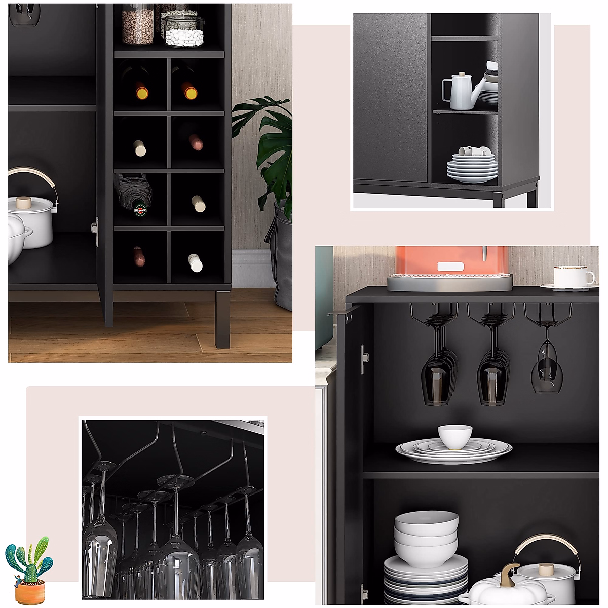 Plebs Home Contemporary Style Sideboards and Buffets, Coffee Bar, Cabinet, Wine, Racks Storage, Server, Dining Console, 34 Inch, Easy Assemble, for Kitchen, Living Room-Black