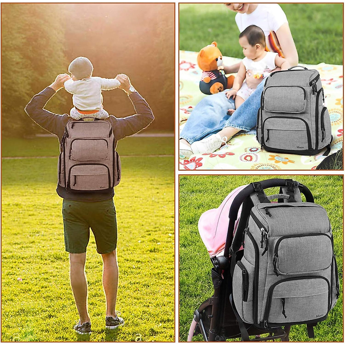 Mancro Diaper Bag Backpack, Multifunctional Travel Dad Diaper Bag with Insulated Pockets, Large Capacity Baby Diaper Backpack for Men and Women with Laptop Pocket and Stroller Straps, Grey