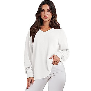 ANRABESS Women Long Sleeve Fall Shirt V Neck Off Shoulder Sweatshirt Ribbed Knit Pullover Sweater Loose Fit High Low Tunic Tops 2023 Trendy Clothes A1069baise-M White