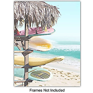 Beach Art Print Set - Tropical Palm Trees, Surfing 8x10 Wall Art Posters - Unique Home Decor for Lake or Ocean House, Bathroom, Bedroom, Living Room, Office - Gift for Surfers - Nautical Photo Poster