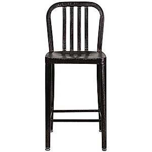 Flash Furniture Gael Commercial Grade 2 Pack 24" High Black-Antique Gold Metal Indoor-Outdoor Counter Height Stool with Vertical Slat Back