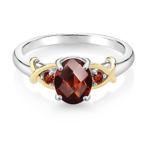Gem Stone King 925 Silver and 10K Yellow Gold Oval Checkerboard Red Garnet Ring For Women (1.63 Cttw, Gemstone Birthstone, Available In Size 5, 6, 7, 8, 9)