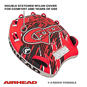 AirHead G-Force 3 Towable 1-3 Rider Tube for Boating and Water Sports, Heavy Duty Full Nylon Cover with Zipper, EVA Foam Pads, and Patented Speed Safety Valve for Easy Inflating & Deflating,Red