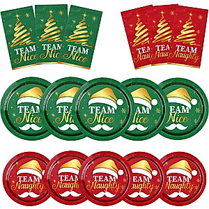 Pymurod 60pcs Naughty or Nice Plates and Napkins Team Naughty Team Nice Christmas Decorations Disposable Christmas Plates Napkins Paper Tableware for Xmas Holiday Christmas Party Supplies
