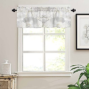 OneHoney Marble Texture Kitchen Curtains Tiers and Valances Set 3 Piece for Windows, Modern White Granite with Gold Lines Rod Pocket Small Window Panels for Living Room Bedroom Bathroom Cafe