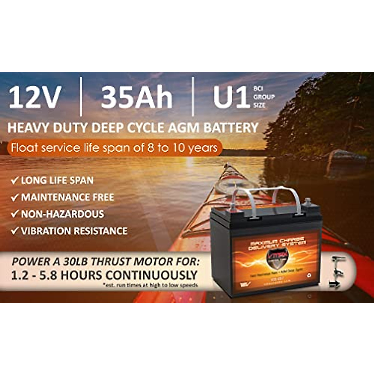 VMAXTANKS V35-857 12 Volt 35AH AGM Marine Deep Cycle Battery for 30 Pound Electric Trolling Motors (GROUP U1)
