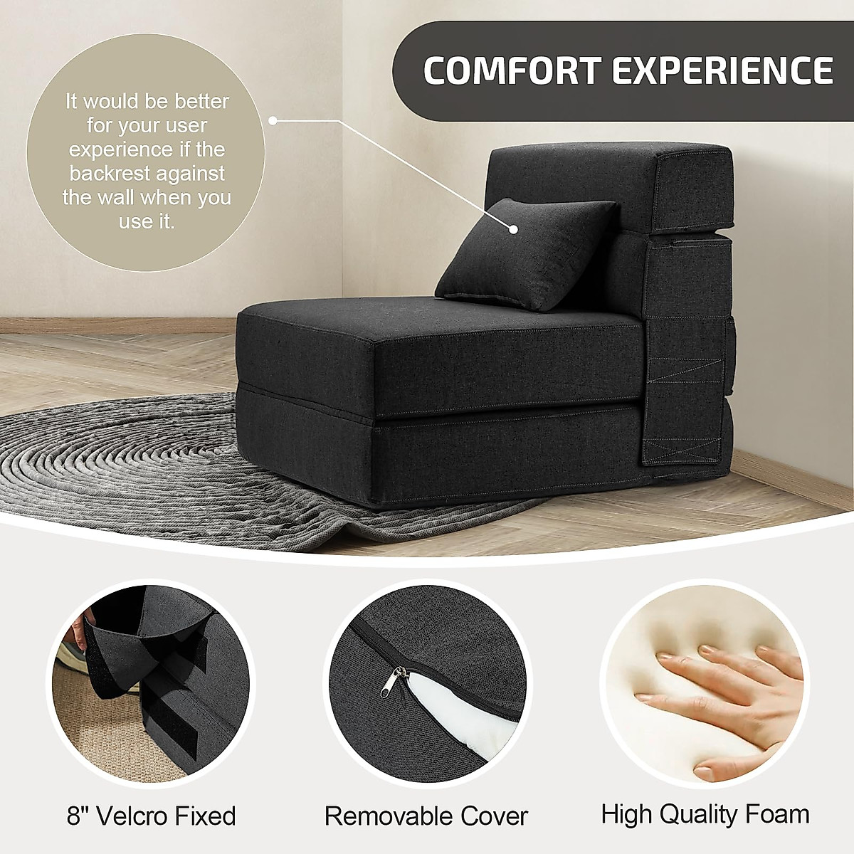 SUYOLS Folding Sofa Bed with Pillow- Convertible Chair Floor Couch & Sleeping Mattress - Foldable Memory Foam Sleeper for Living Room/Dorm/Guest Room/Home Office/Apartment/Upstairs Loft, Dark Grey