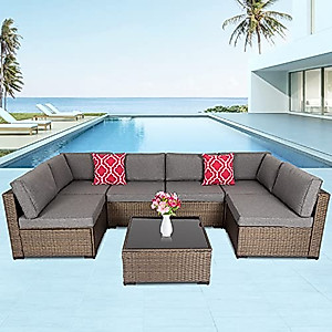 kinbor Outdoor Patio Furniture Set - 7 Pieces Outdoor Sectional Sofa, PE Rattan Wicker Patio Couch, Conversation Set with Coffee Table, Cushions for Porch, Backyard, Pool, Deck, Dark Grey