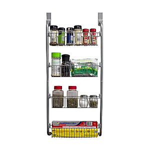 Home Basics Heavy Duty 4 Tier Over the Door Storage Shelf Hanging Cabinet Metal Pantry Rack Organizer Spice Space, Grey