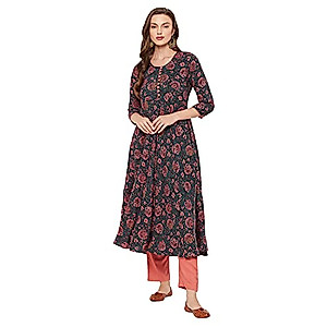 Tissu Women's Rayon Green & Pink Floral Printed A-Line Kurta 2201_Green_L