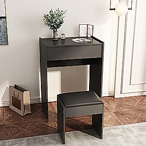 JAXPETY Vanity Makeup Table Set with Flip Top Mirror and Cushioned Stool, Makeup Dressing Table w/Organizers Jewelry Storage for Girls (Black)