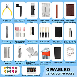 72 PCS Guitar Tool Kit for Set Up, Intonation Adjustment and Repair, Guitar Maintenance Kit for Guitar Bass Banjo and Ukulele, Guitar Accessories for Guitar Enthusiast