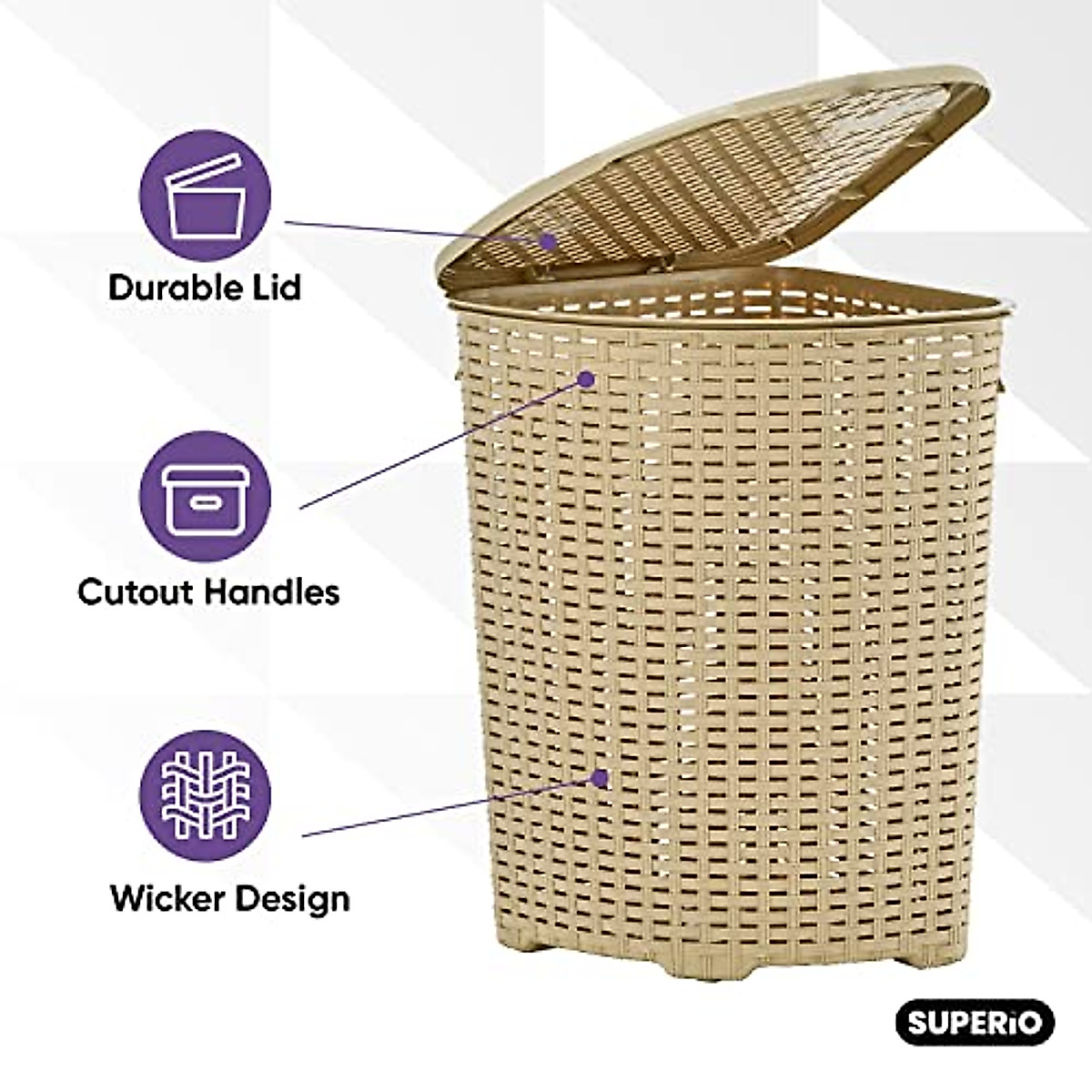 Plastic Corner Laundry Hamper with Lid, Curved Designed Laundry Basket, 2 Pack Triangle Beige Cloths Hamper Organizer with Cut-out Handles for Laundry Room Bedroom Bathroom, Wicker Design, 50 Liter