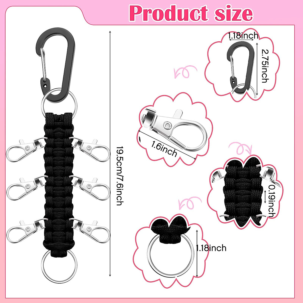 Berlune 10 Pcs Cheer Bow Holder for Backpack Paracord Keychain Cheer Bow Keychain for High School Cheerleading Teen Girls (Black)