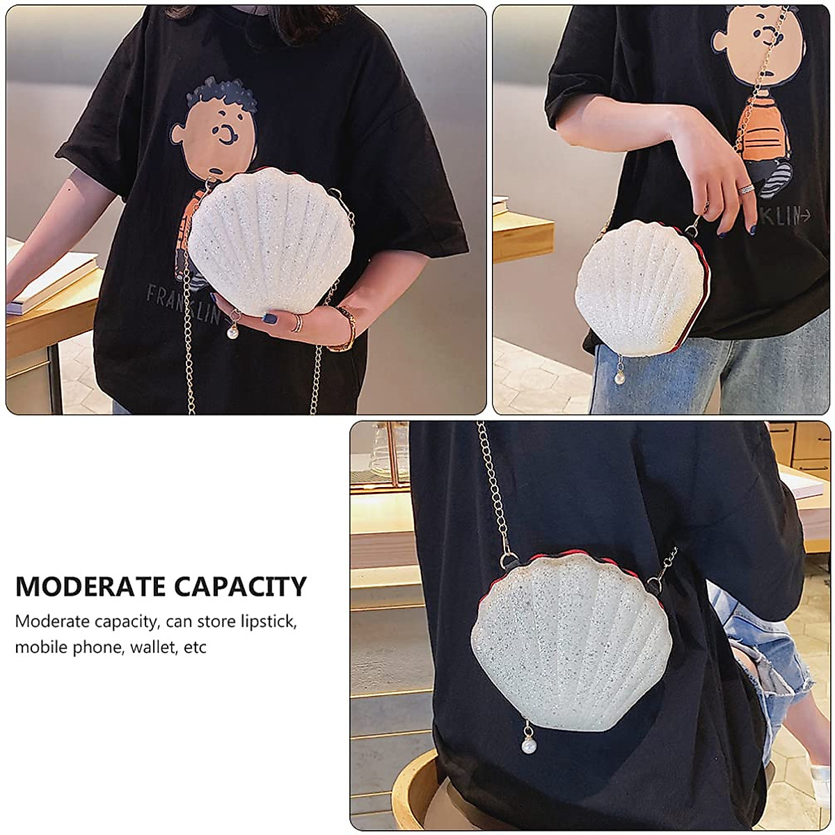 ABOOFAN 1pc Women' s Shell Pearl Crossbody Purse Shiny Seashell Chain Handbag (White)