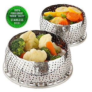 Two-Pack Vegetable Steamer Baskets (Two Sizes) Folding Expandable Steamer Inserts for Instant Pot Accessories, Safety Tool, Stainless Steel, Pressure Cooker, Pot in Pot, Food Steamer Cooking