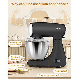 ZACME Mixers Kitchen Electric Stand Mixer, Aluminum die casting and Gears, 1 Hour Continuous Operation, Dual Cooling System, Low Noise DC Motor, LED Display and Timing Function, 600W 5.5QT, Food Grade