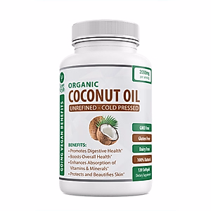 Organic Coconut Oil Capsules 2000mg - 100% Extra Virgin, Cold Pressed for Healthy Skin, Extra Hair Growth, Nail Care, Brain Booster - 120 Softgels - Unrefined Pure & Non GMO Pills - Rich in MCT