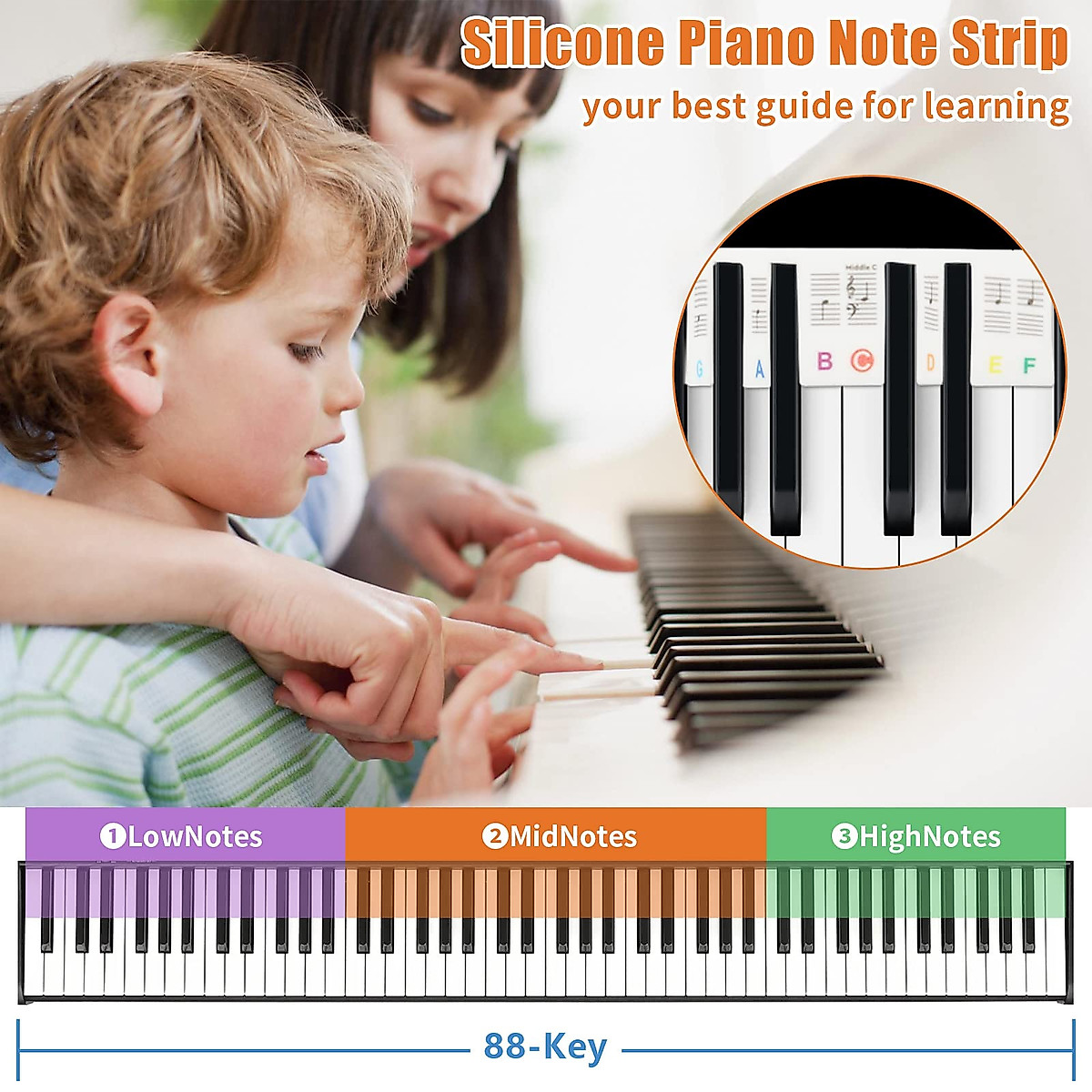 Removable Piano Keyboard Note Labels, 2 in 1 Silicone Piano Keyboard Stickers for Beginners Kids Learning, Full Size Keyboard 88 Keys, Double Staff Display Comes with Box