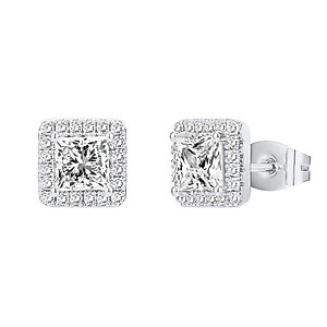 PAVOI 14K Gold Plated Sterling Silver Post Brilliant Round Faux Diamond Princess Cut Earrings - Premium Cubic Zirconia in White Gold