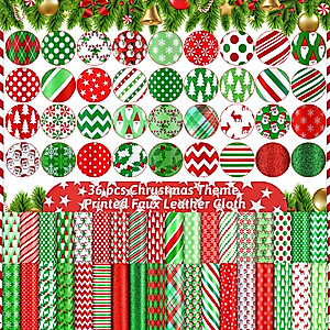 36 Pieces Christmas Faux Leather Sheets Glitter Faux Leather Fabric Snowflake Snowman Printed Christmas Fabric Synthetic Leather Sheet for DIY Christmas Craft Making, 8.3 x 6.3 Inch (Fresh)