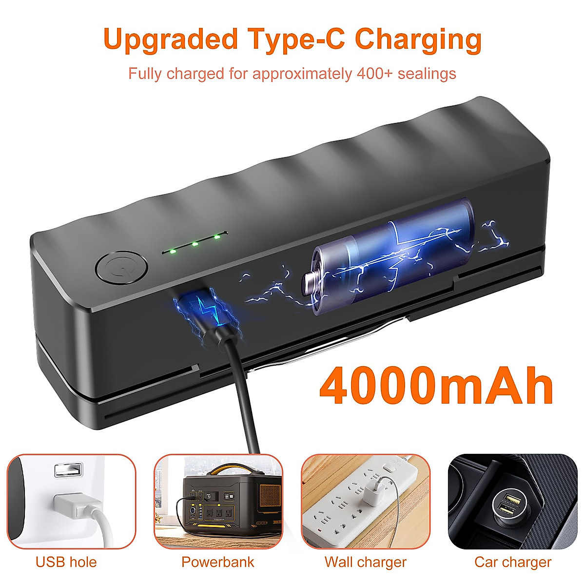 Upgraded Mini Bag Sealer，4000mAh Rechargeable Handheld Mini Heat Sealer with 4.7" Heating Strip & 5 Adjustable Gears-Quick Heat Bag Resealer for Chip Bag, Snack Bag, Plastic Bag - Keep Food Fresh