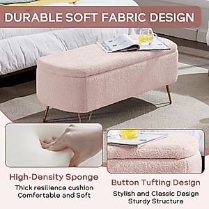 Sudwesto Modern Storage Ottoman Bench, Vintage Faux Fur Entryway Bench, End of Bed Bench with Gold Legs, Upholstered Padded Bench for Living Room, Bedroom, Entryway (Pink)