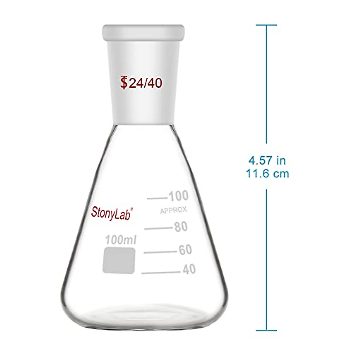 StonyLab Glass 24/40 Erlenmeyer Flask, Borosilicate Glass Heavy Wall Flask with 24/40 Standard Taper Outer Joint, 100ml