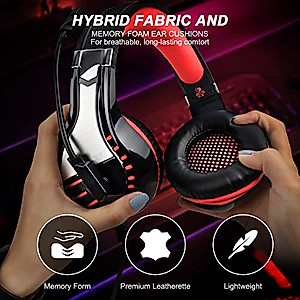 NPET HS10 Stereo Gaming Headset for PS4 PC Xbox One PS5 Controller, Noise Cancelling Over Ear Headphones with Mic,LED Light, Bass Surround, Soft Memory Earmuffs for Laptop Mac Nintendo NES Games Red