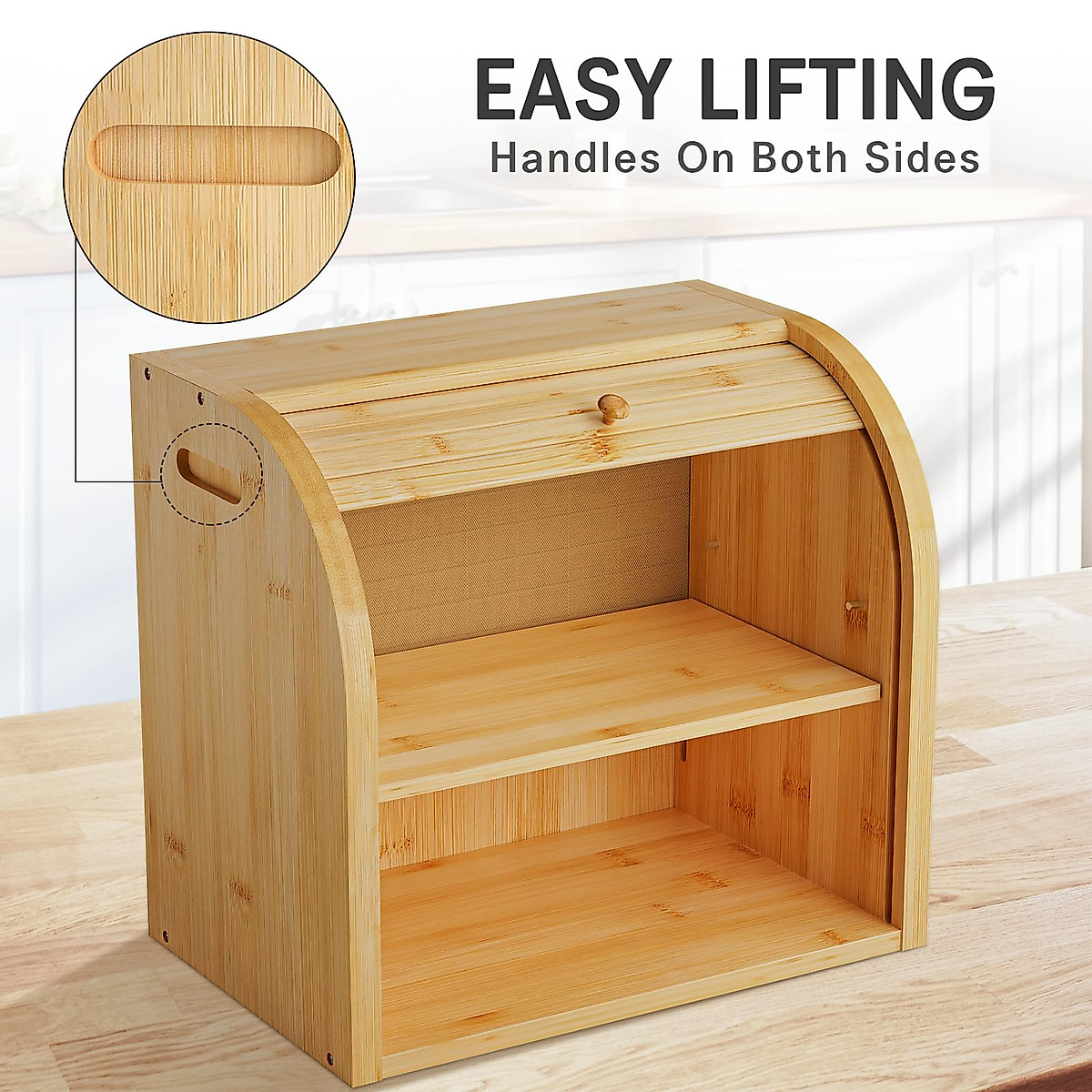 Merysen 2 Tier Bamboo Bread Box for Kitchen Countertop–Bread Storage Holder, Large Capacity Bread Storage Container, with Removable Layer for Home Storage and Display (Self-assembly)