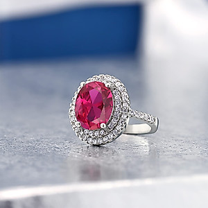 Gem Stone King 3.30 Cttw Red Created Ruby Ring For Women In 925 Sterling Silver | Oval 9X7MM | Available In Size 5, 6, 7, 8, 9
