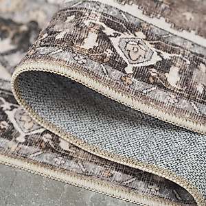 Washable Living Room Runner Rug - 8x10 Large Bedroom Rug Distressed Oriental Non-Slip Non-Shedding Print Floor Carpet for Dining Room Kitchen (Beige, 8 x 10)