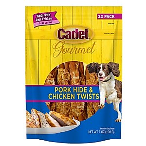 Cadet Gourmet Twists Sticks- Long Lasting & Natural Dog Treats for Large & Small Dogs Pork Hide & Chicken - Inspected & Tested in USA (22 Count)